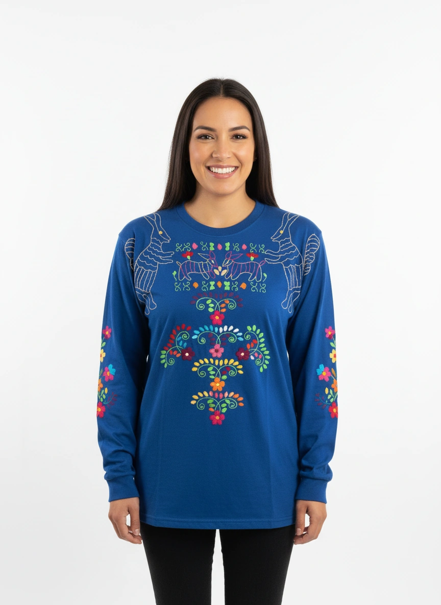 Blue Otomí Embroidered Long Sleeve Top